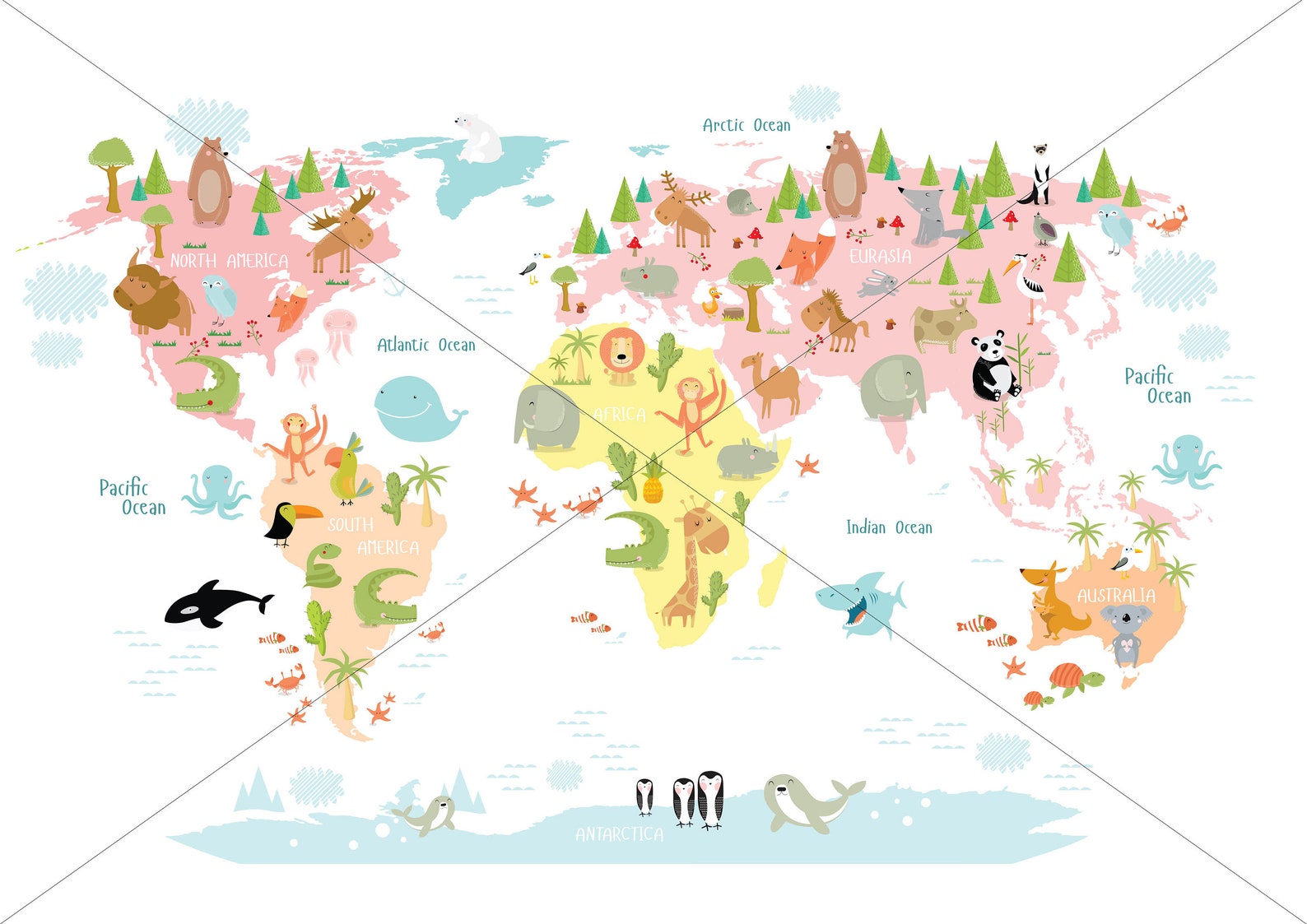 Safari World Map Wallpaper, Removable Nursery Jungle Mural Wallpaper ...