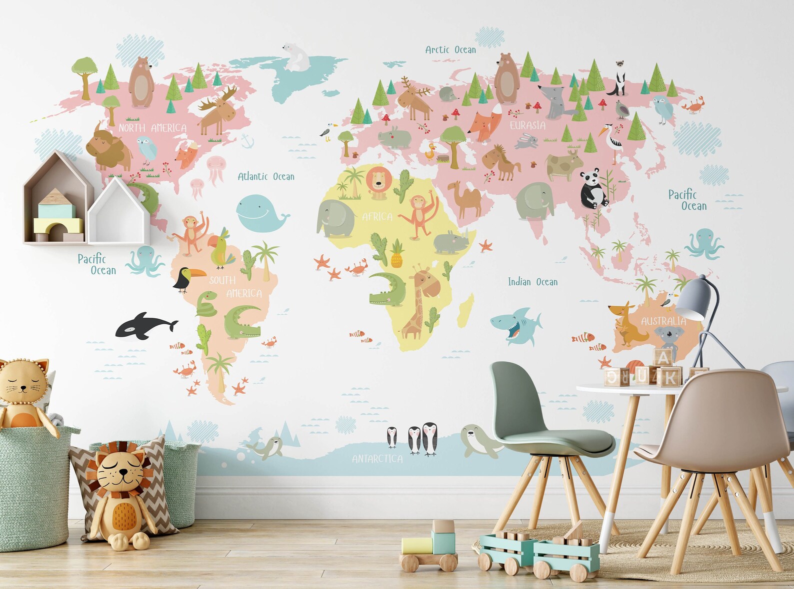 Safari World Map Wallpaper, Removable Nursery Jungle Mural Wallpaper ...