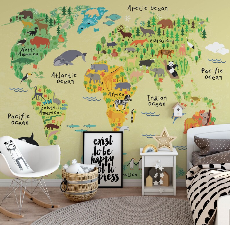 Safari World Map Wallpaper, Removable Nursery Jungle Mural Wallpaper ...