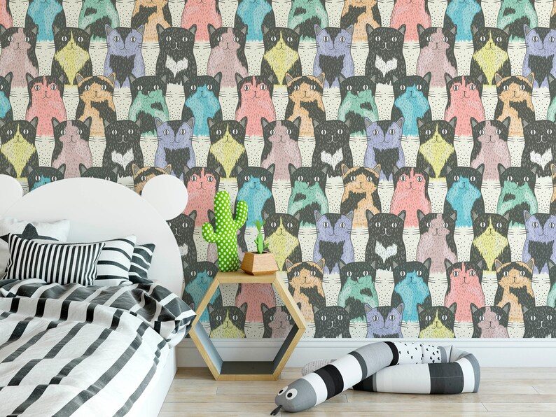 Boho Cat Nursery Wallpaper, Removable Animal Mural Wallpaper, Children ...