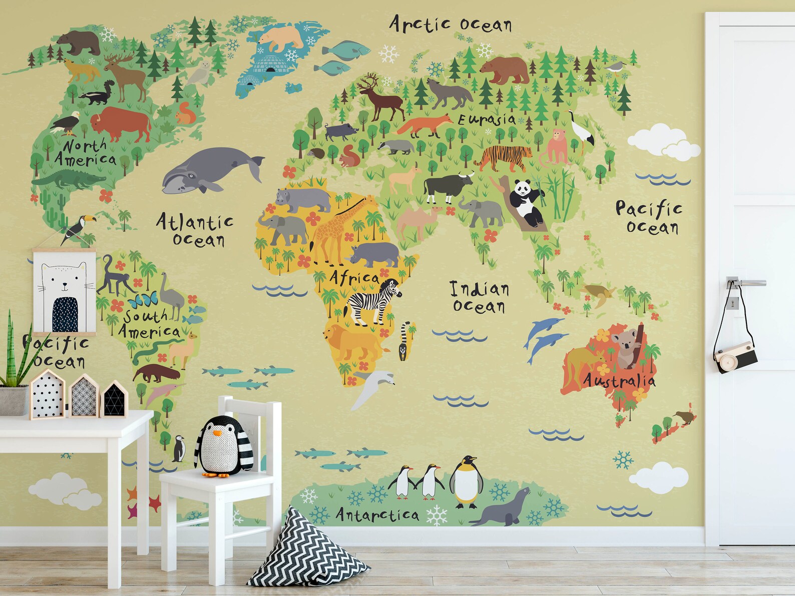 Safari World Map Wallpaper, Removable Nursery Jungle Mural Wallpaper ...