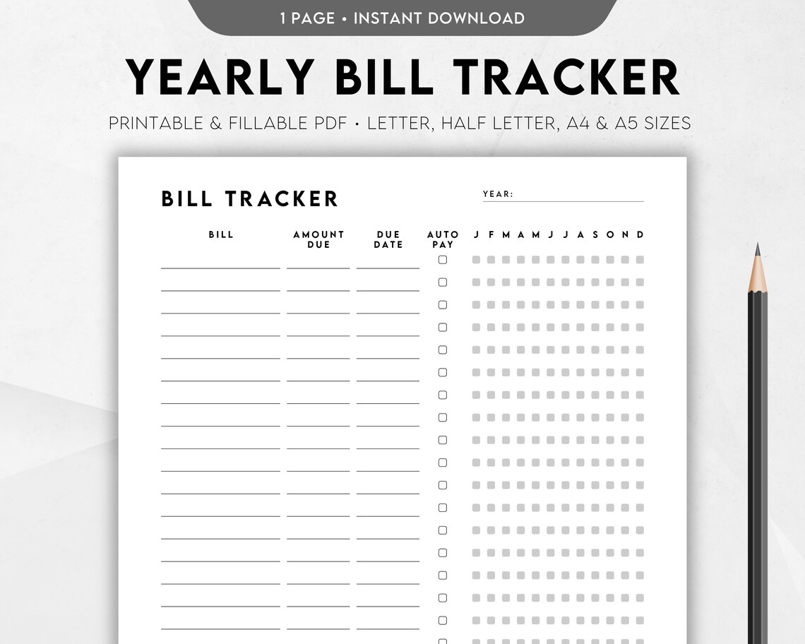 Editable Yearly Bill Tracker, Yearly Bill Log, Bill Planner, Bill ...
