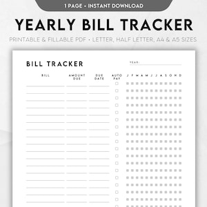 Editable Yearly Bill Tracker, Yearly Bill Log, Bill Planner, Bill ...