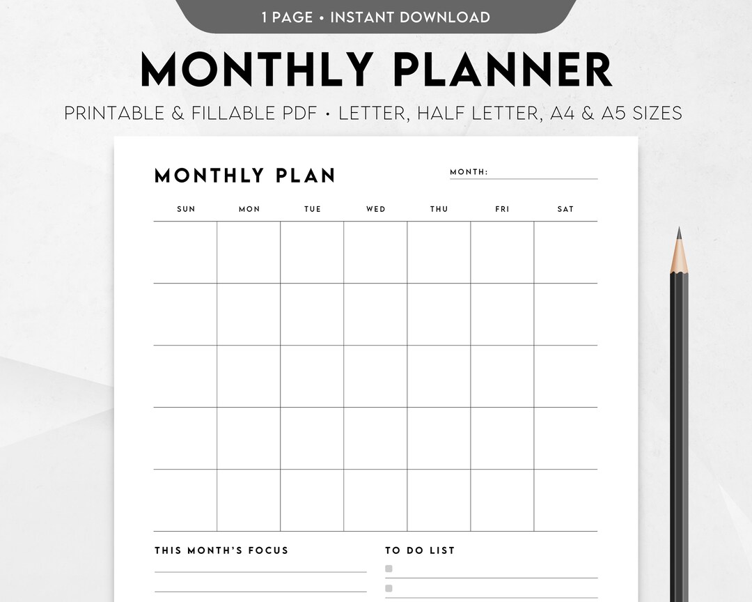 Monthly Planner Printable Template, Monthly Planner Template, Monthly ...