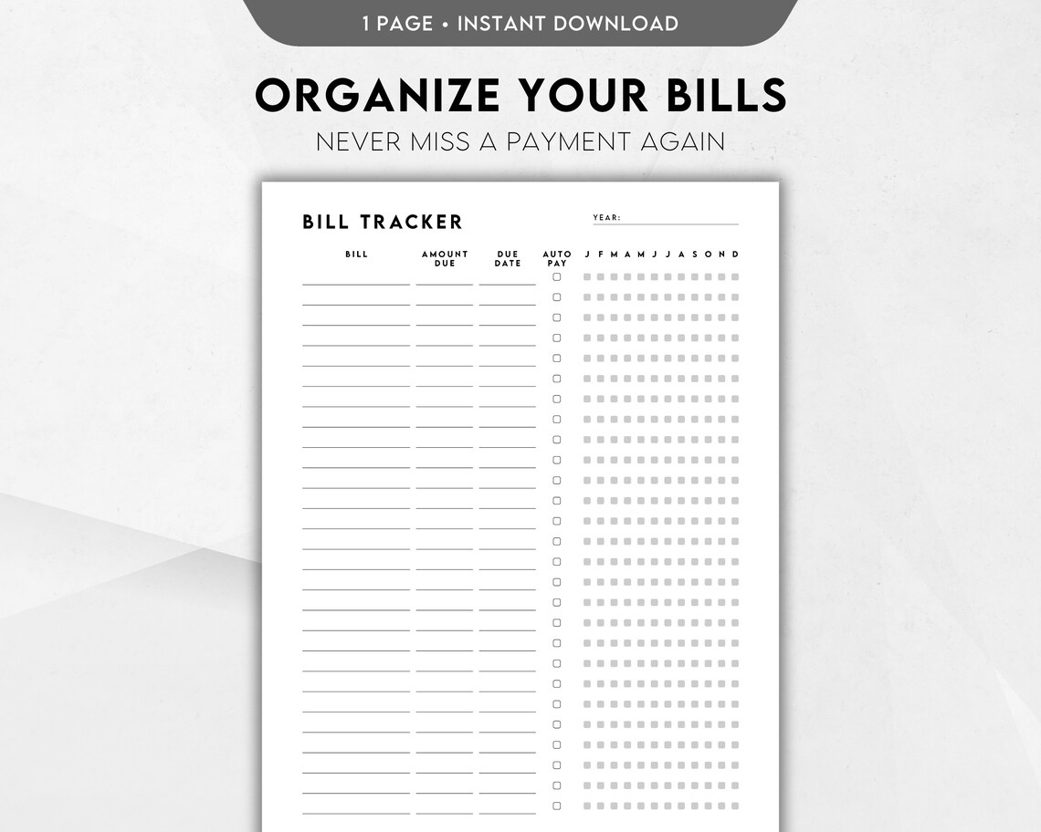 Editable Yearly Bill Tracker, Yearly Bill Log, Bill Planner, Bill ...