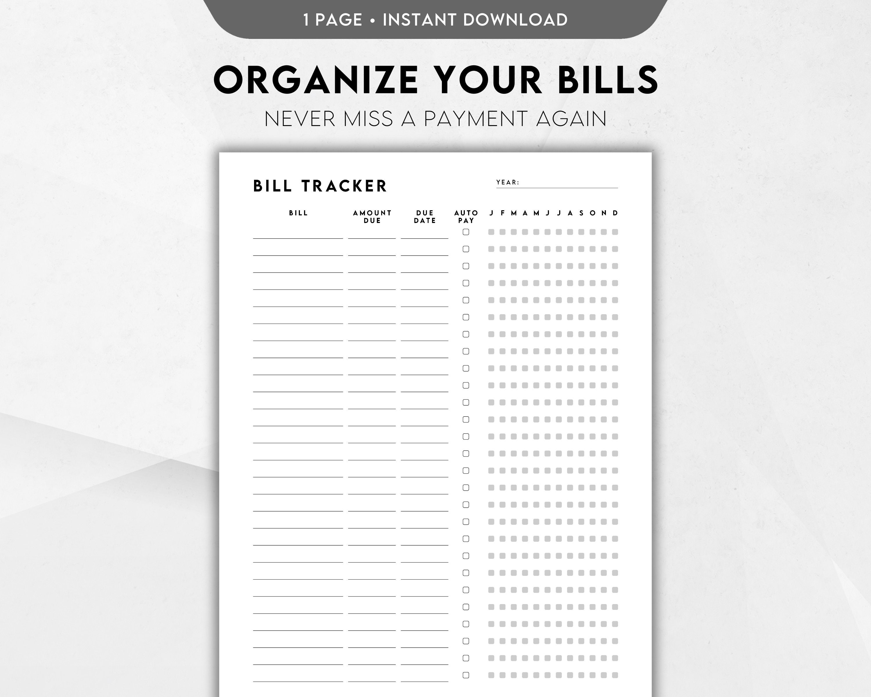 Editable Yearly Bill Tracker, Yearly Bill Log, Bill Planner, Bill ...