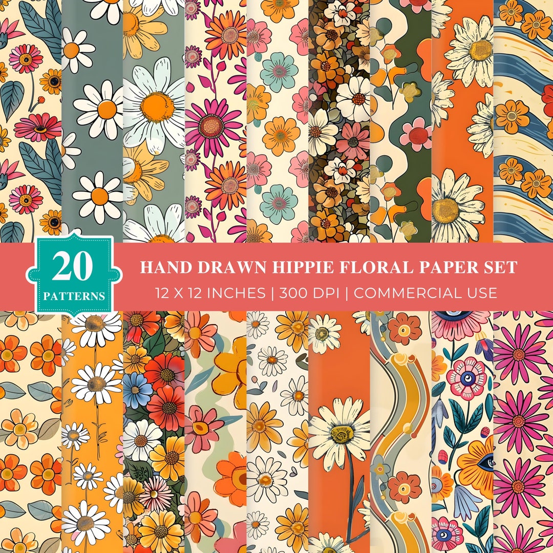 Hand Drawn Hippie Floral Digital Paper, Seamless Retro Boho Pattern - Etsy