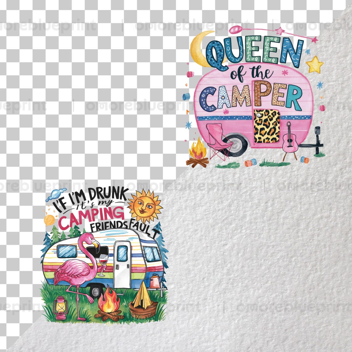 Camping Quotes PNG Bundle, Watercolor Retro Camper & Campfire Graphics ...