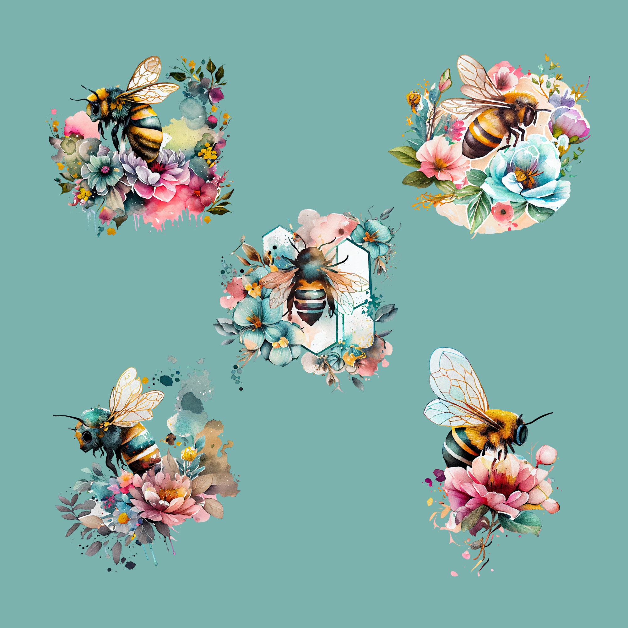 Watercolor Floral Bee Design Bundle | Digital Download | Clipart - Etsy