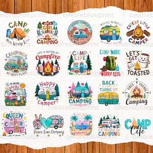 Camping Quotes PNG Bundle, Watercolor Retro Camper & Campfire Graphics ...