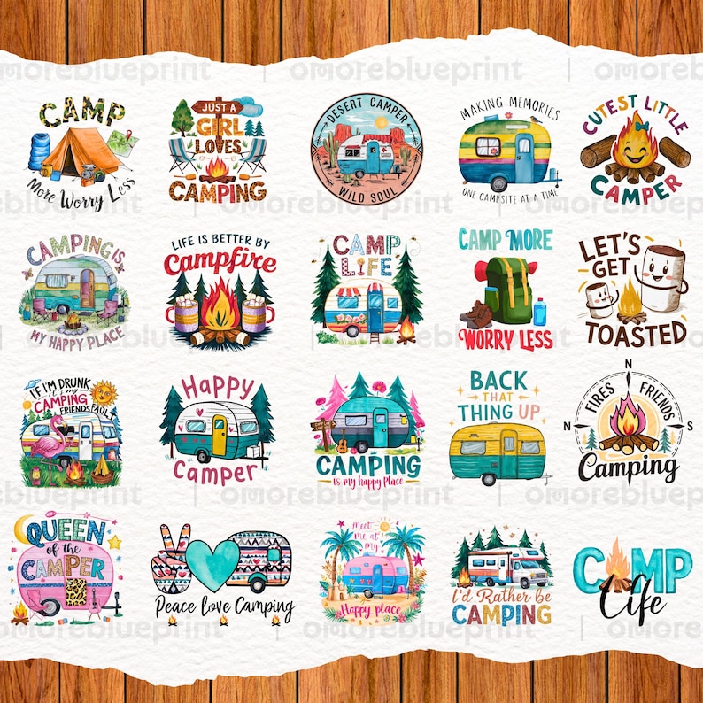 Camping Quotes PNG Bundle, Watercolor Retro Camper & Campfire Graphics ...