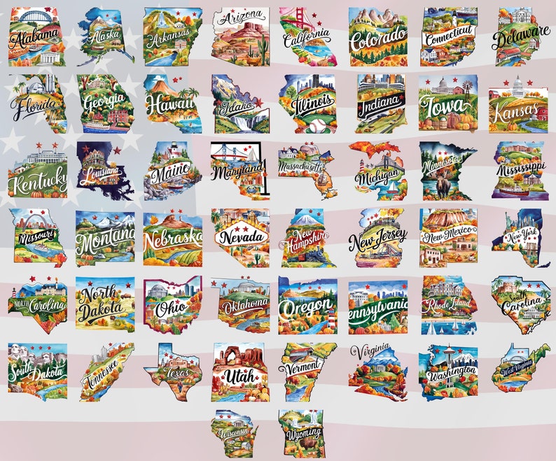 USA Travel Map Clipart: 50 States Landmarks Watercolor Illustrations ...