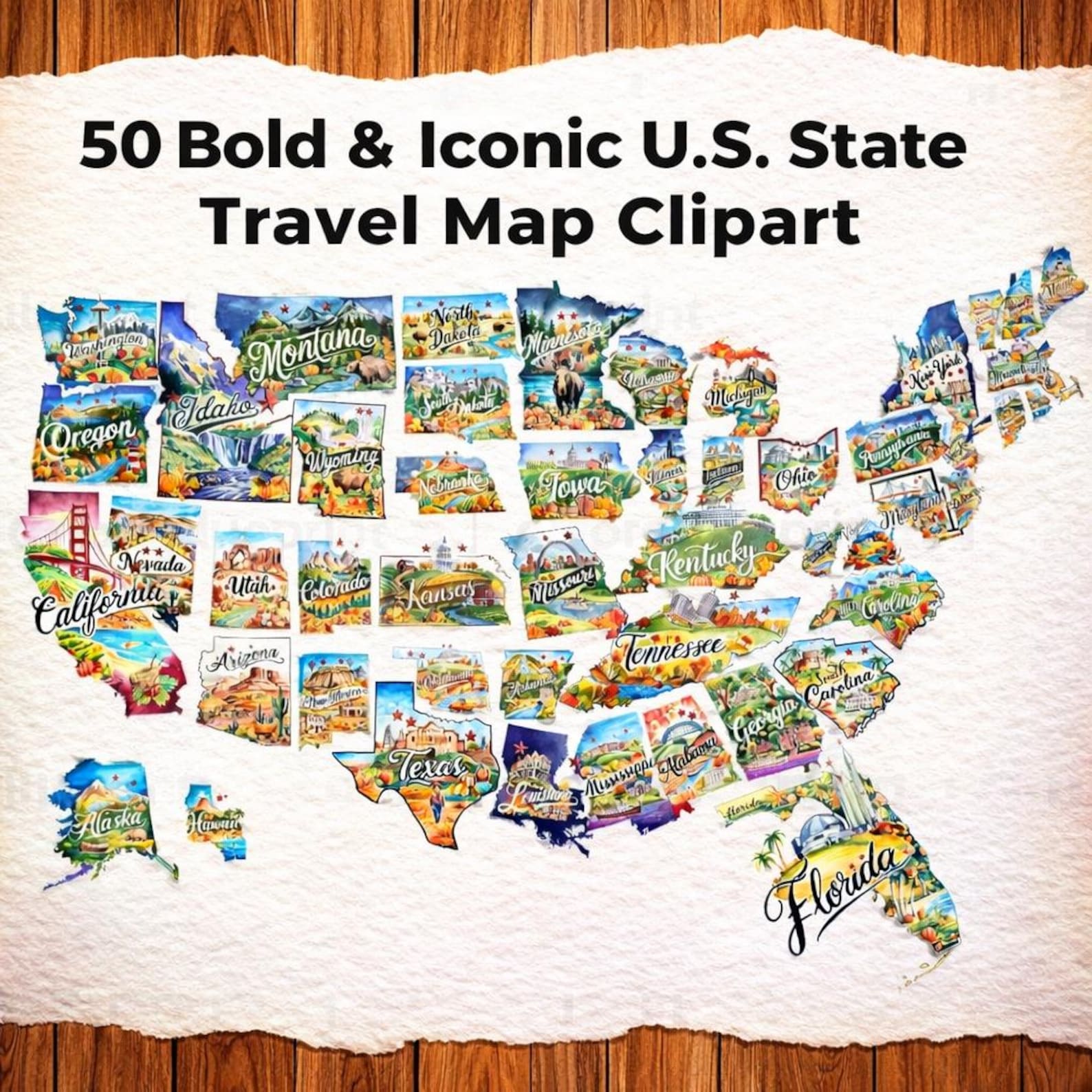 USA Travel Map Clipart: 50 States Landmarks Watercolor Illustrations ...