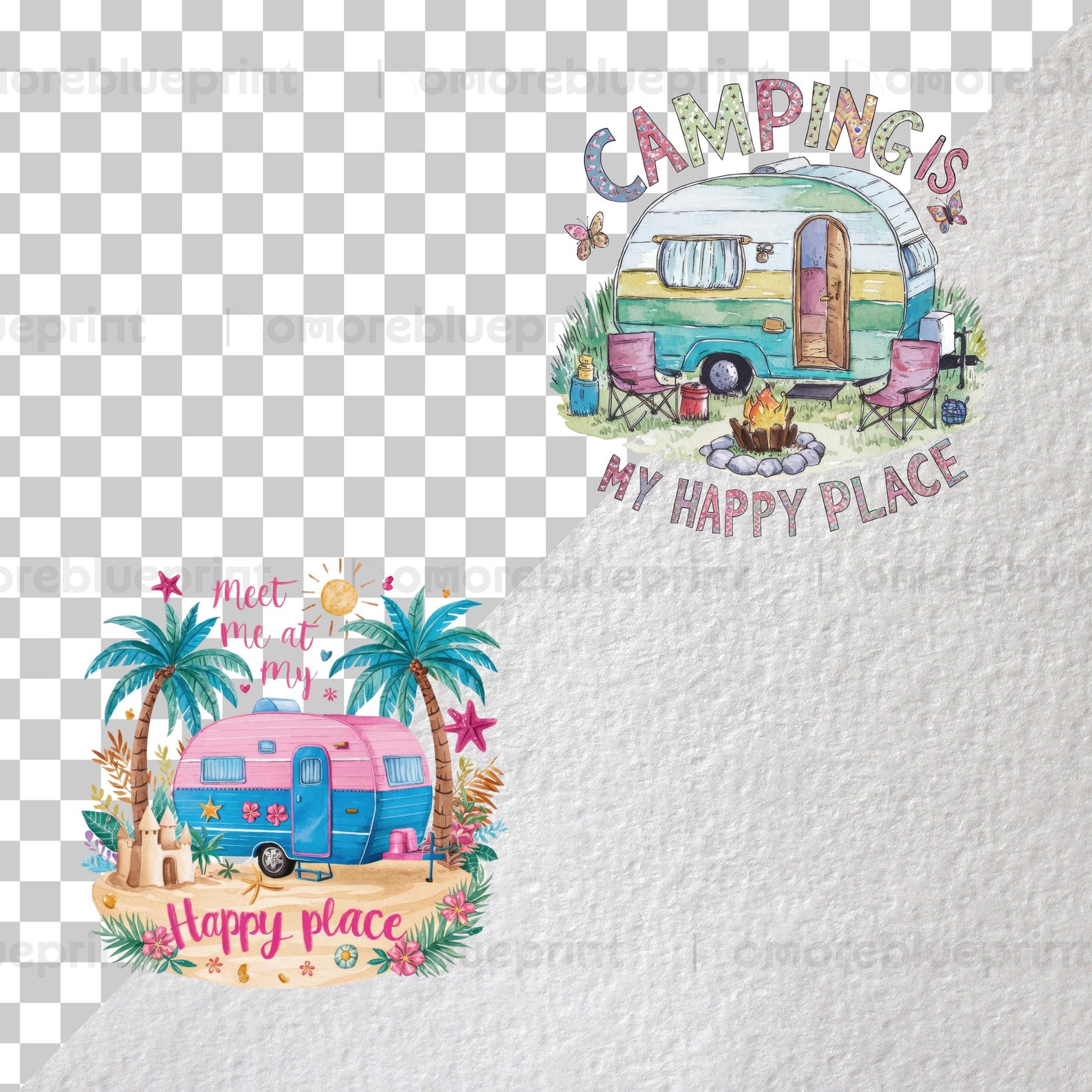 Camping Quotes PNG Bundle, Watercolor Retro Camper & Campfire Graphics ...