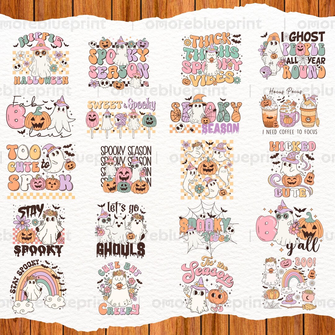 Retro Halloween Clipart Bundle: Spooky Ghost, Pumpkin PNG (digital ...