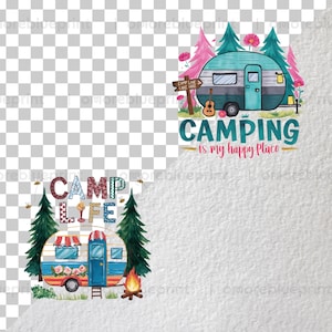Camping Quotes PNG Bundle, Watercolor Retro Camper & Campfire Graphics ...