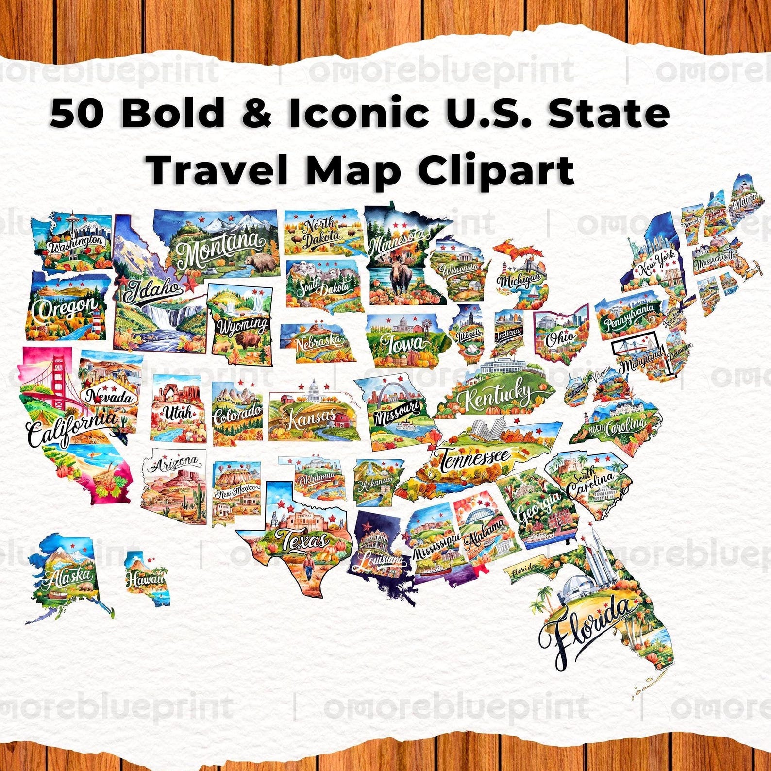 USA Travel Map Clipart: 50 States Watercolor Illustrations (digital ...