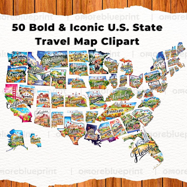USA Travel Map Clipart: 50 States Watercolor Illustrations (digital ...