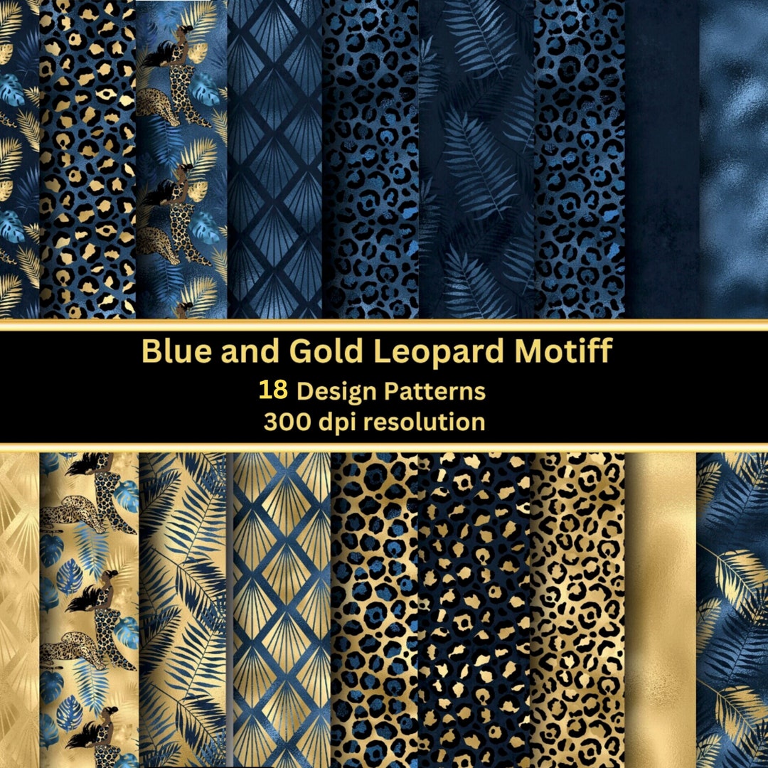 Seamless Blue Gold Leopard Print Digital Paper, Animal Metallic Pattern ...