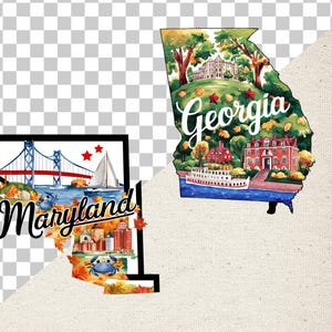 USA Travel Map Clipart: 50 States Landmarks Watercolor Illustrations ...