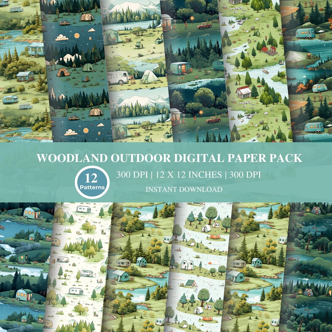 Woodland Camping Digital Paper Pack: Nature Scrapbook Patterns (digital ...