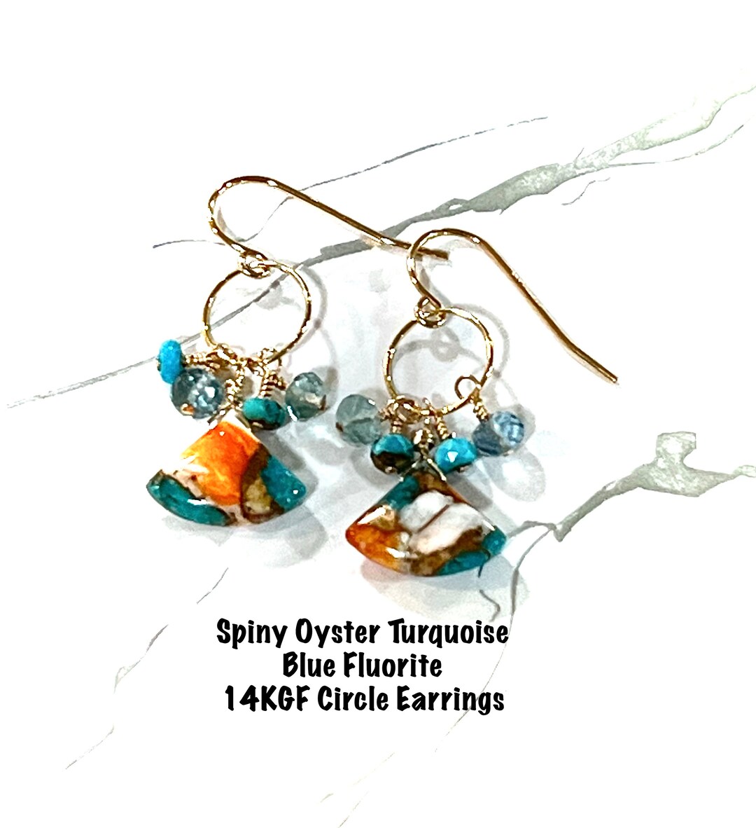 Spiny Oyster Turquoise Blue Fluorite 14KGF Circle Earrings - Etsy