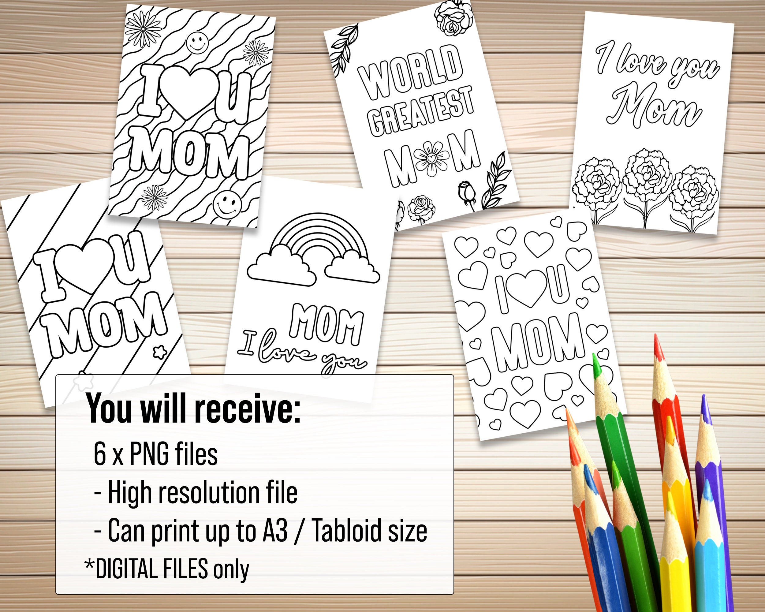 Instant Download - DIY I Love Mom Coloring Cards, Mother's Day Cards ...