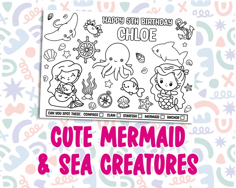 Personalized Mermaid and Sea Creatures Birthday Coloring Sheet for Kids ...