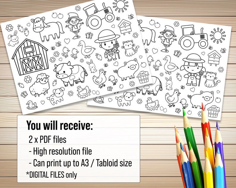 Instant Download - Farm Animals Coloring Sheet for Kids, Placemat ...