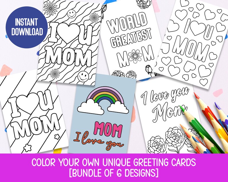 Instant Download DIY I Love Mom Coloring Cards Mother's - Etsy