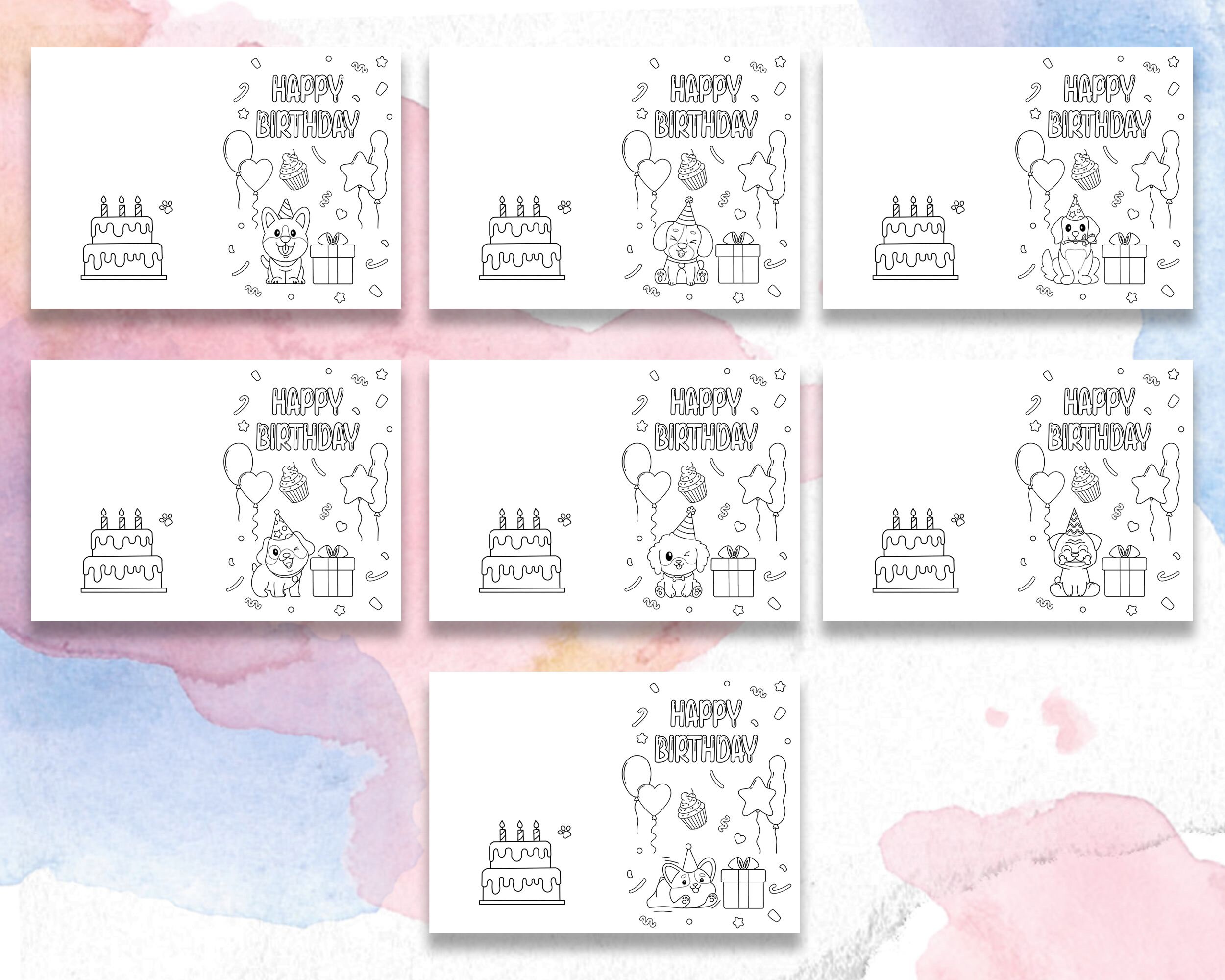 Instant Download - DIY Dog Happy Birthday Coloring Cards, Puppies ...