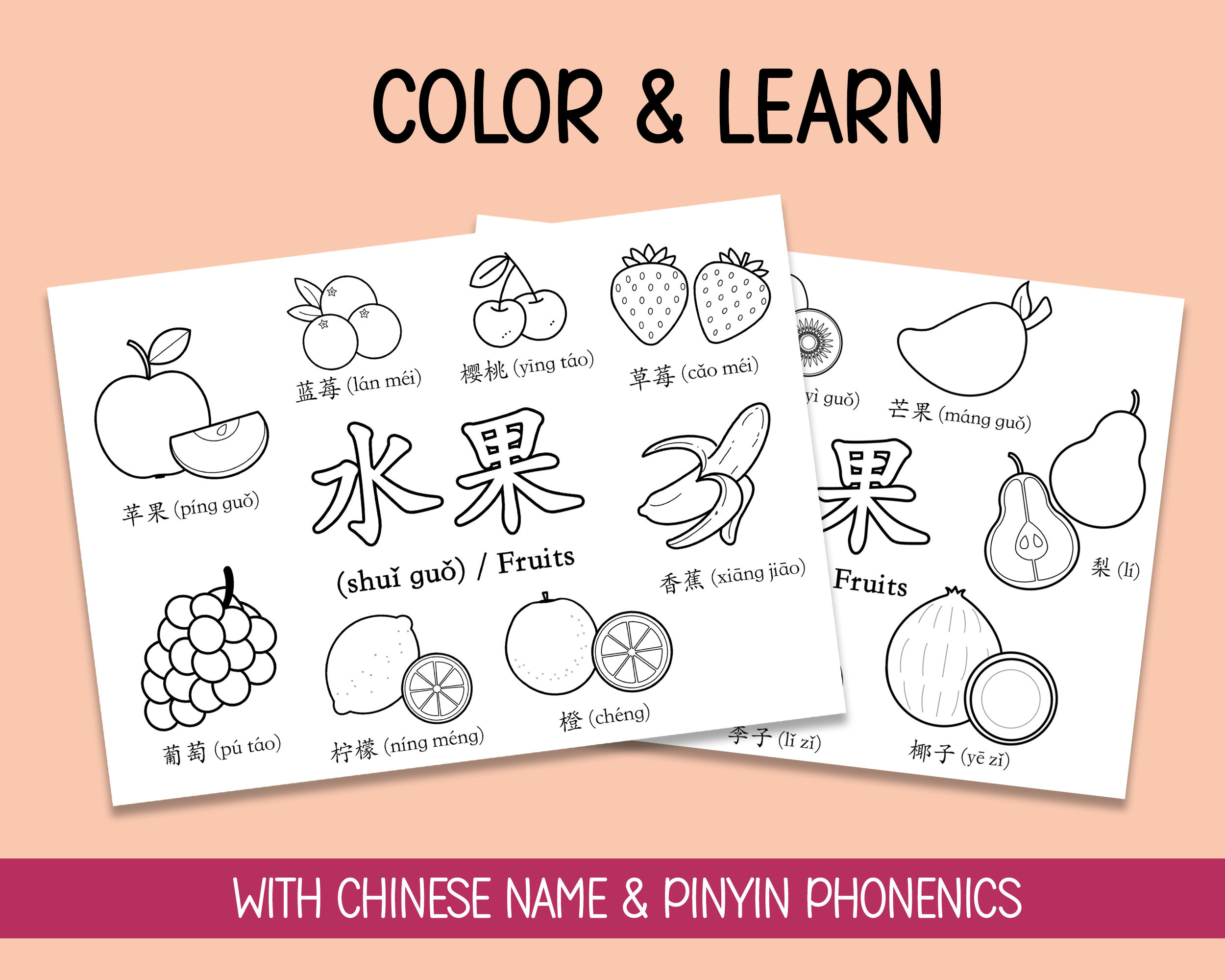 Learn Chinese Hanzi Fruits Worksheet for Kids With Pinyin, Beginner ...