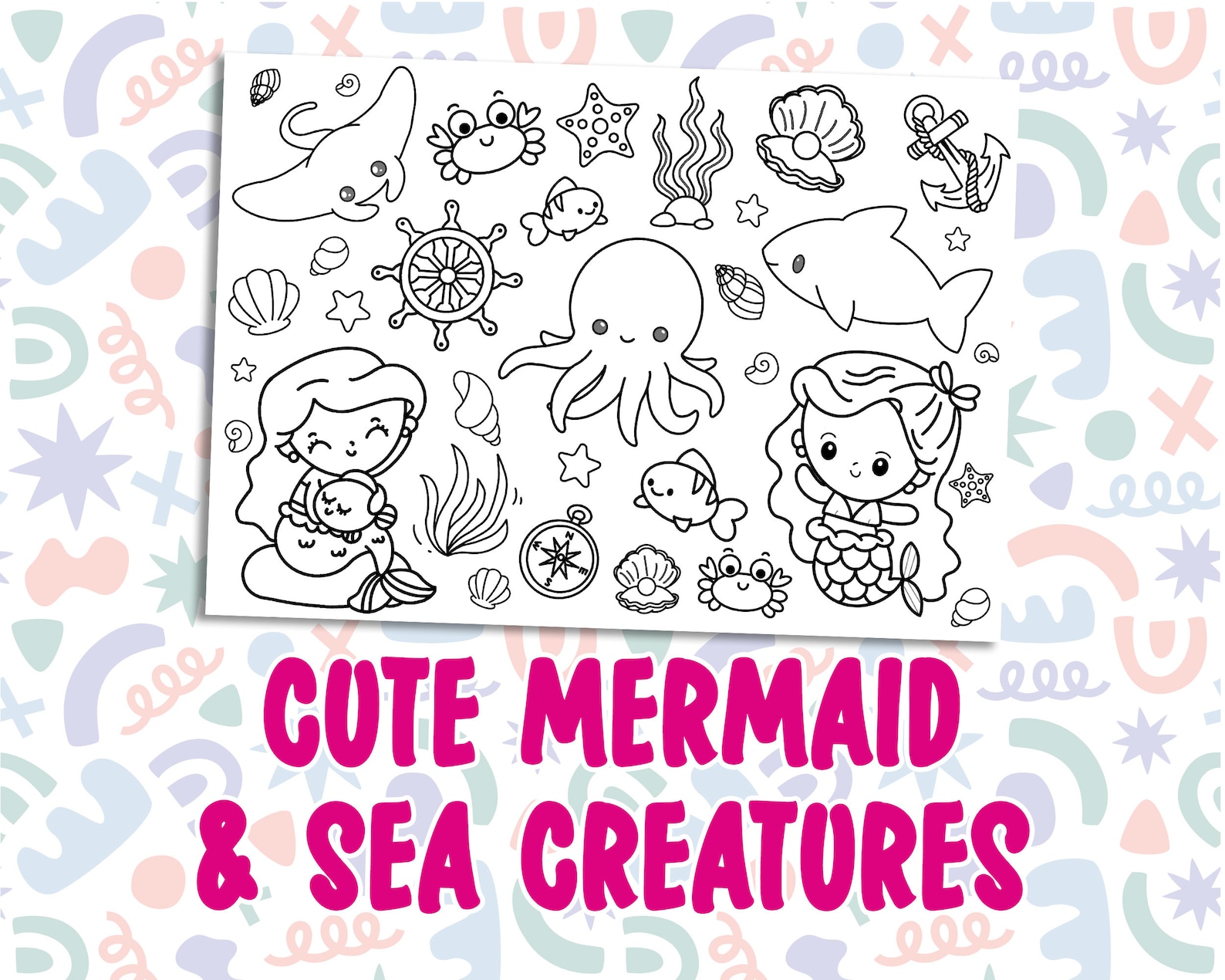 Instant Download - Mermaid and Sea Creatures Coloring Sheet for Kids ...