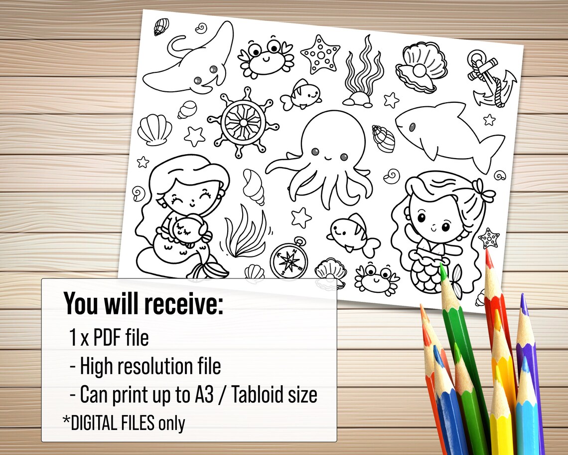 Instant Download - Mermaid and Sea Creatures Coloring Sheet for Kids ...