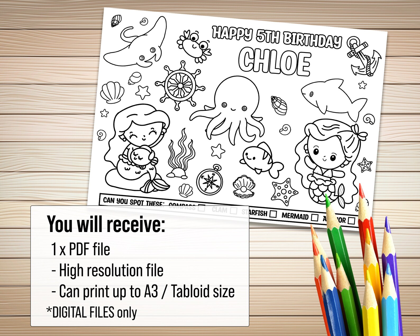 Personalized Mermaid and Sea Creatures Birthday Coloring Sheet for Kids ...