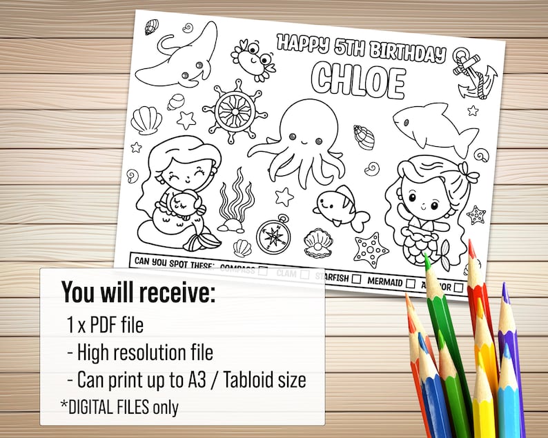 Personalized Mermaid and Sea Creatures Birthday Coloring Sheet for Kids ...