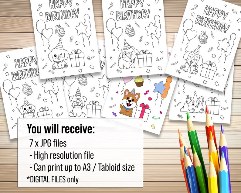 Instant Download - DIY Dog Happy Birthday Coloring Cards, Puppies ...