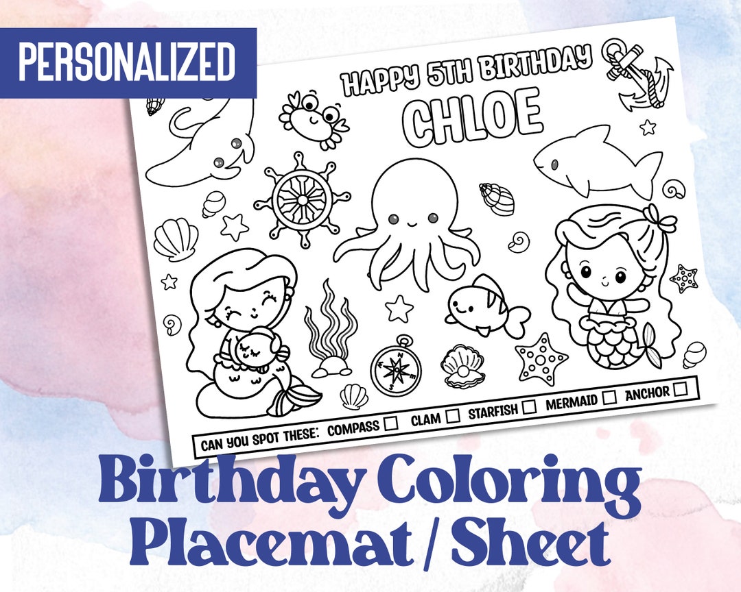 Personalized Mermaid and Sea Creatures Birthday Coloring Sheet for Kids ...