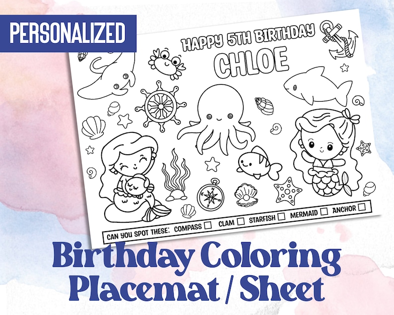 Personalized Mermaid and Sea Creatures Birthday Coloring Sheet for Kids ...