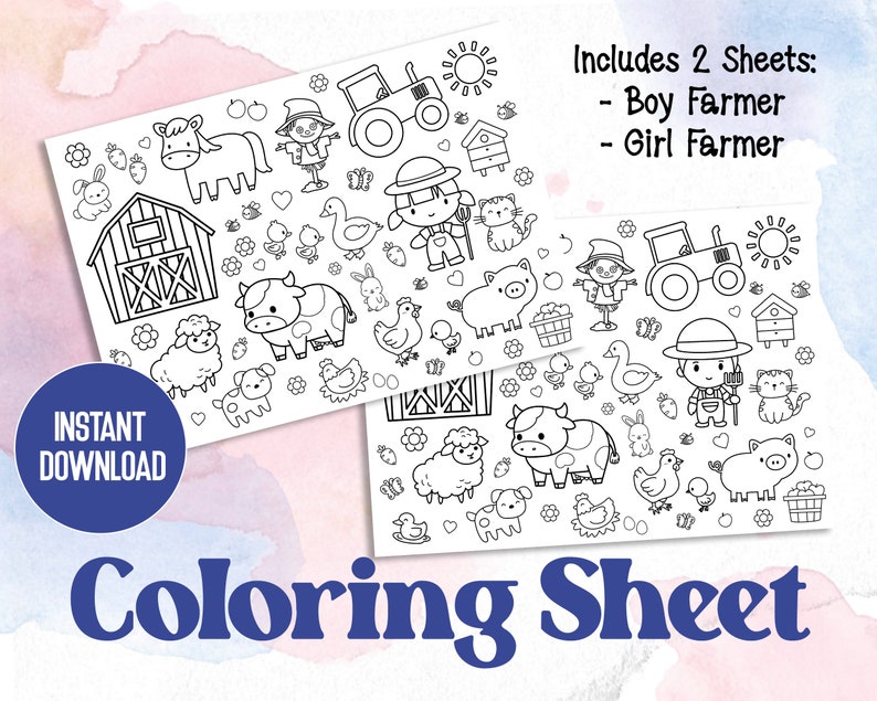 Instant Download - Farm Animals Coloring Sheet for Kids, Placemat ...