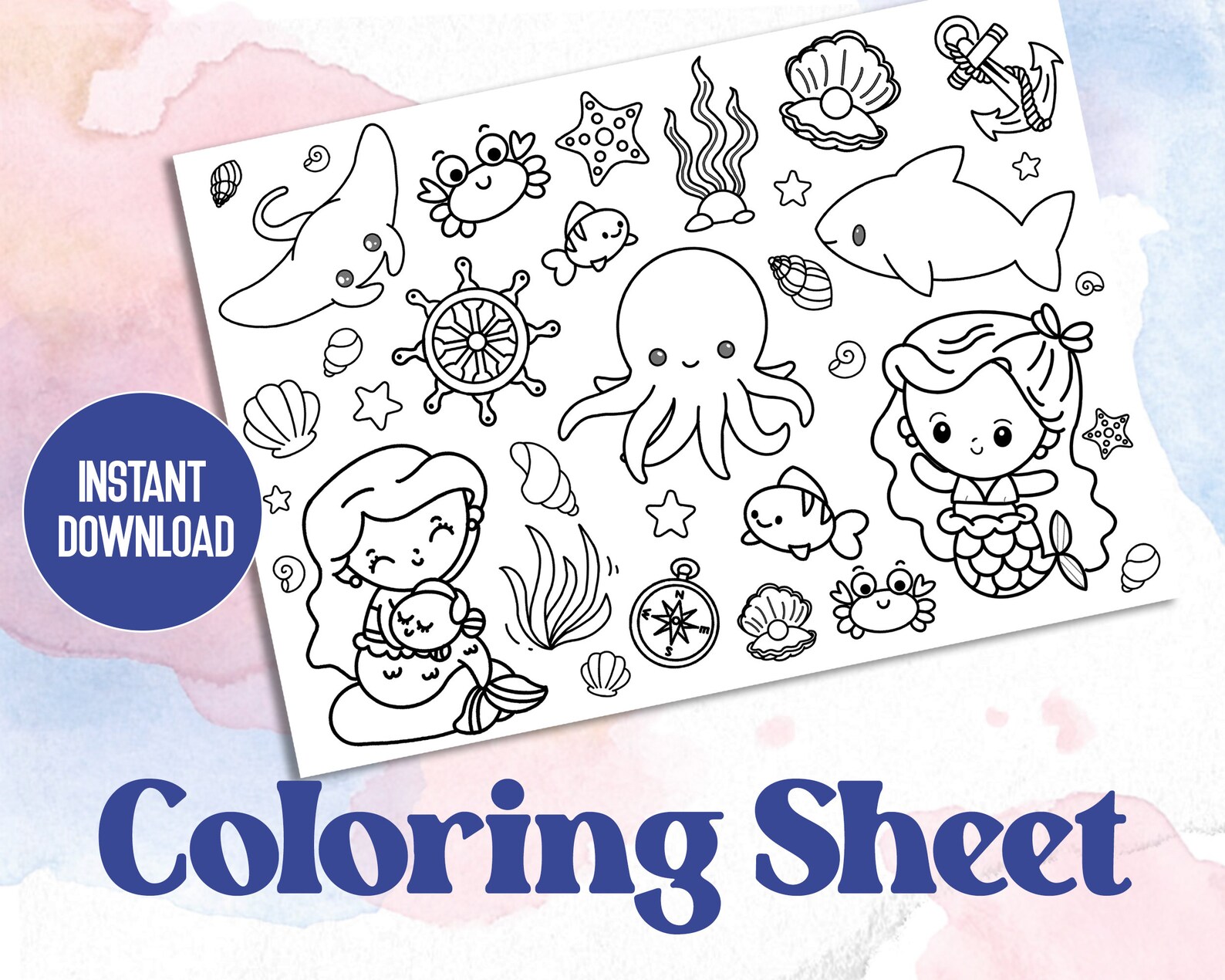 Instant Download - Mermaid and Sea Creatures Coloring Sheet for Kids ...