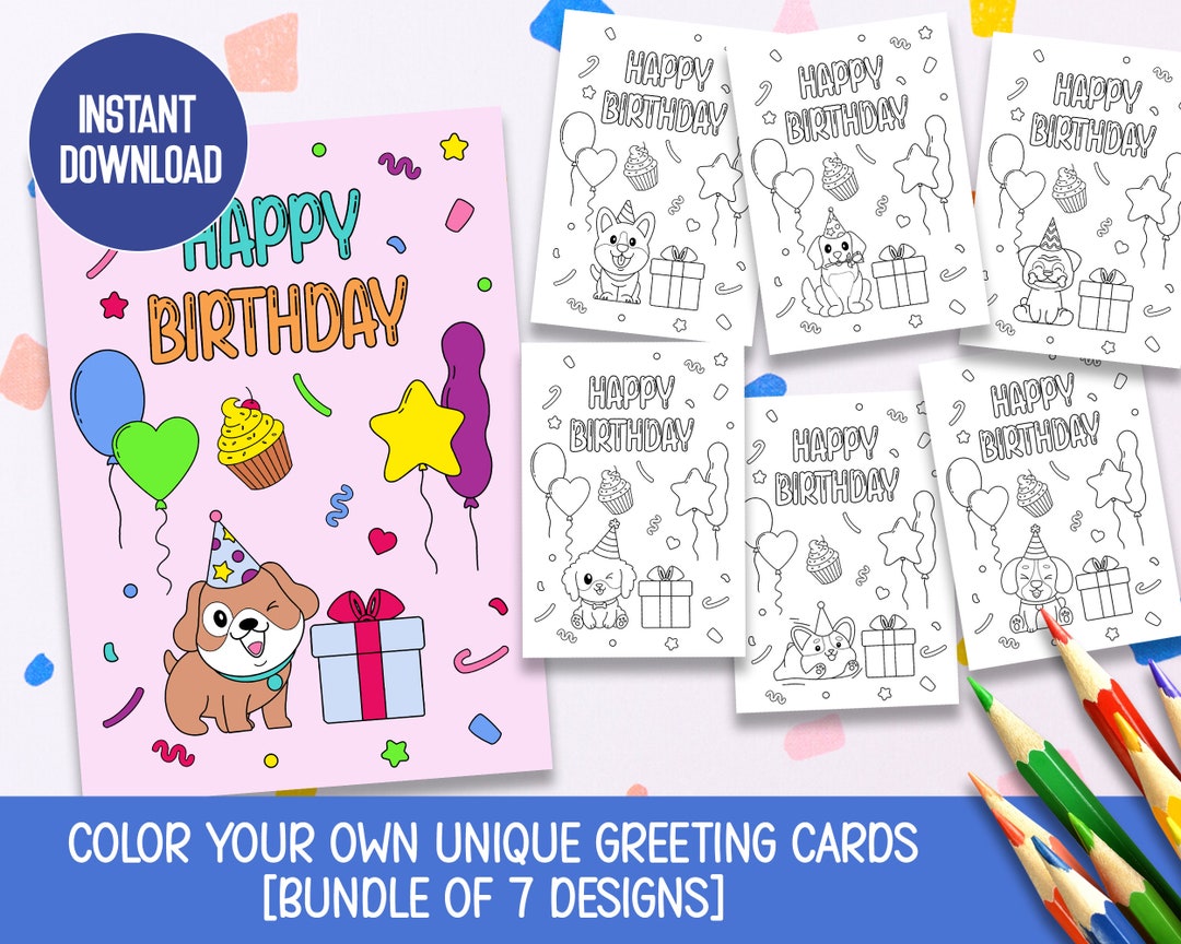 Instant Download - DIY Dog Happy Birthday Coloring Cards, Puppies ...