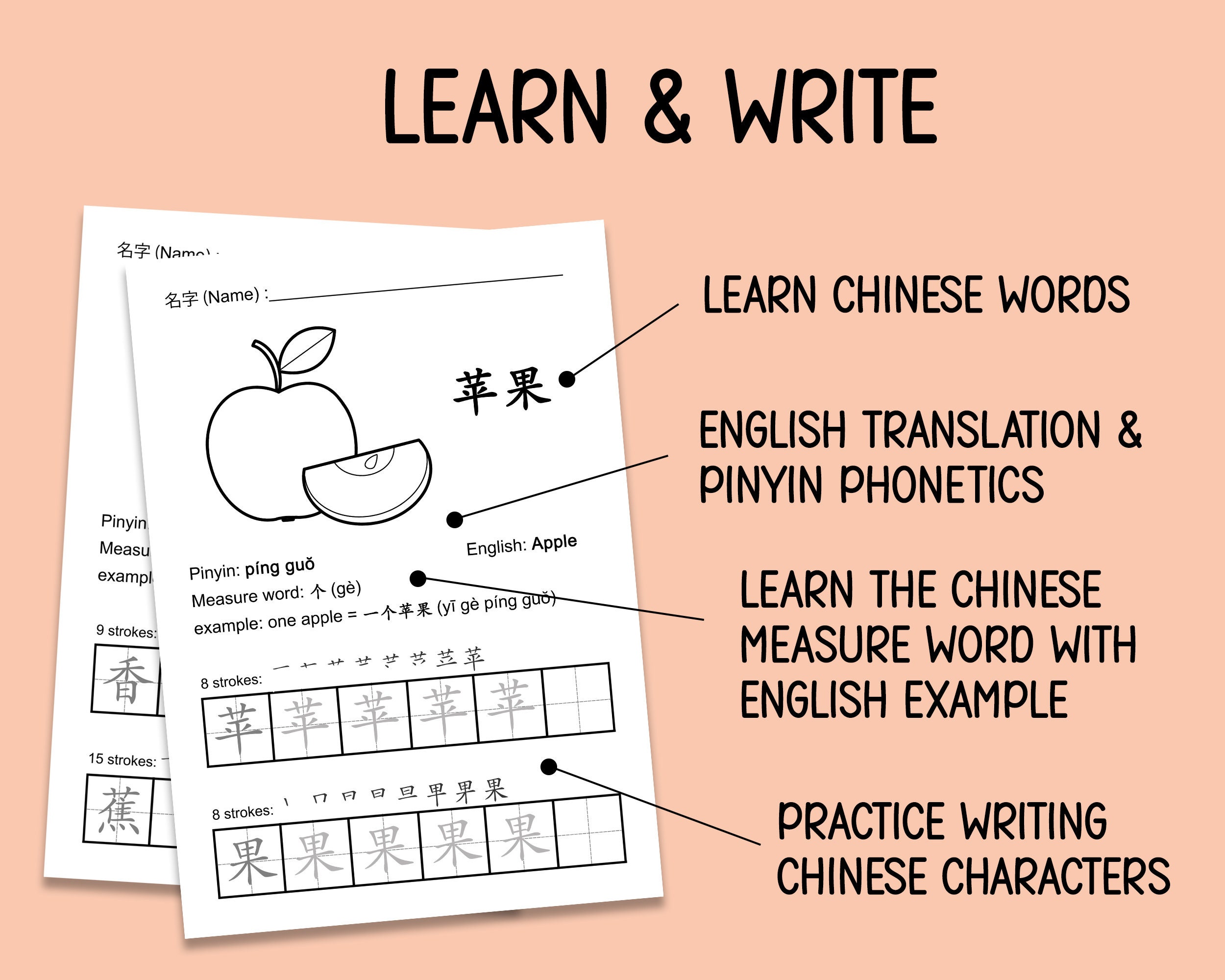 Learn Chinese Hanzi Fruits Worksheet for Kids With Pinyin, Beginner ...