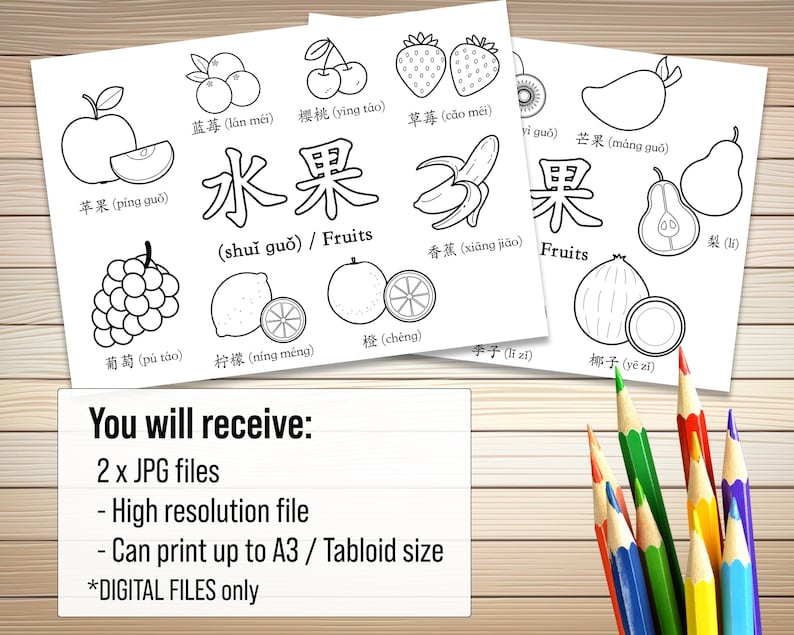 Chinese Hanzi Fruits Coloring Sheets for Kids With Pinyin, Entry Level ...