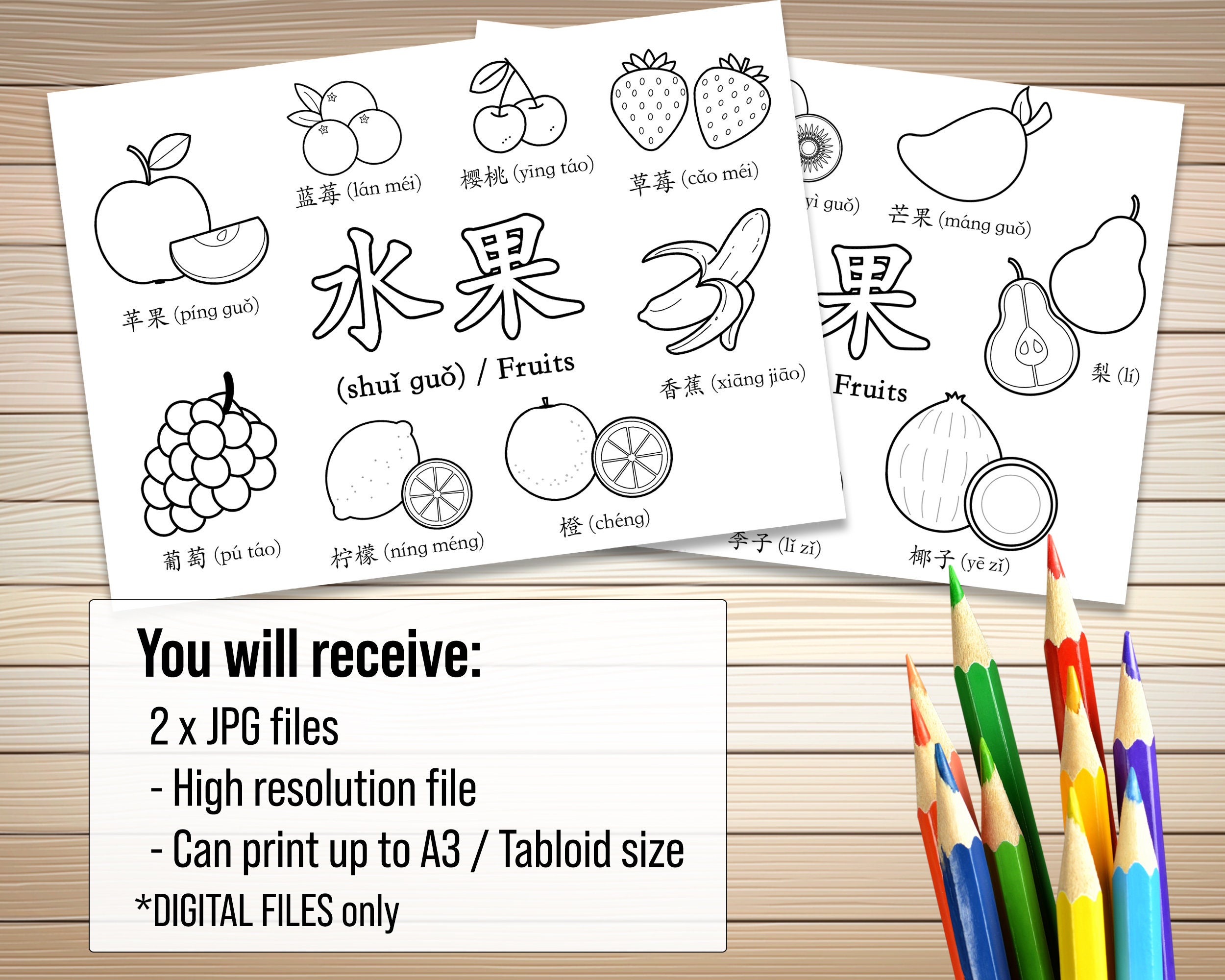 Chinese Hanzi Fruits Coloring Sheets for Kids With Pinyin, Entry Level ...