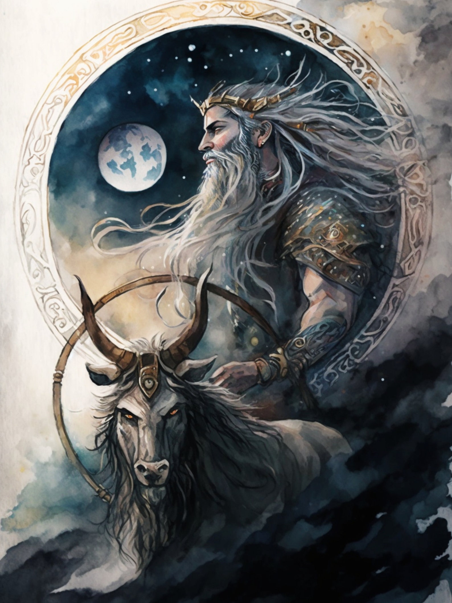God Mani, Norse Mythology Art Print, God of the Moon, Watercolor Mani ...