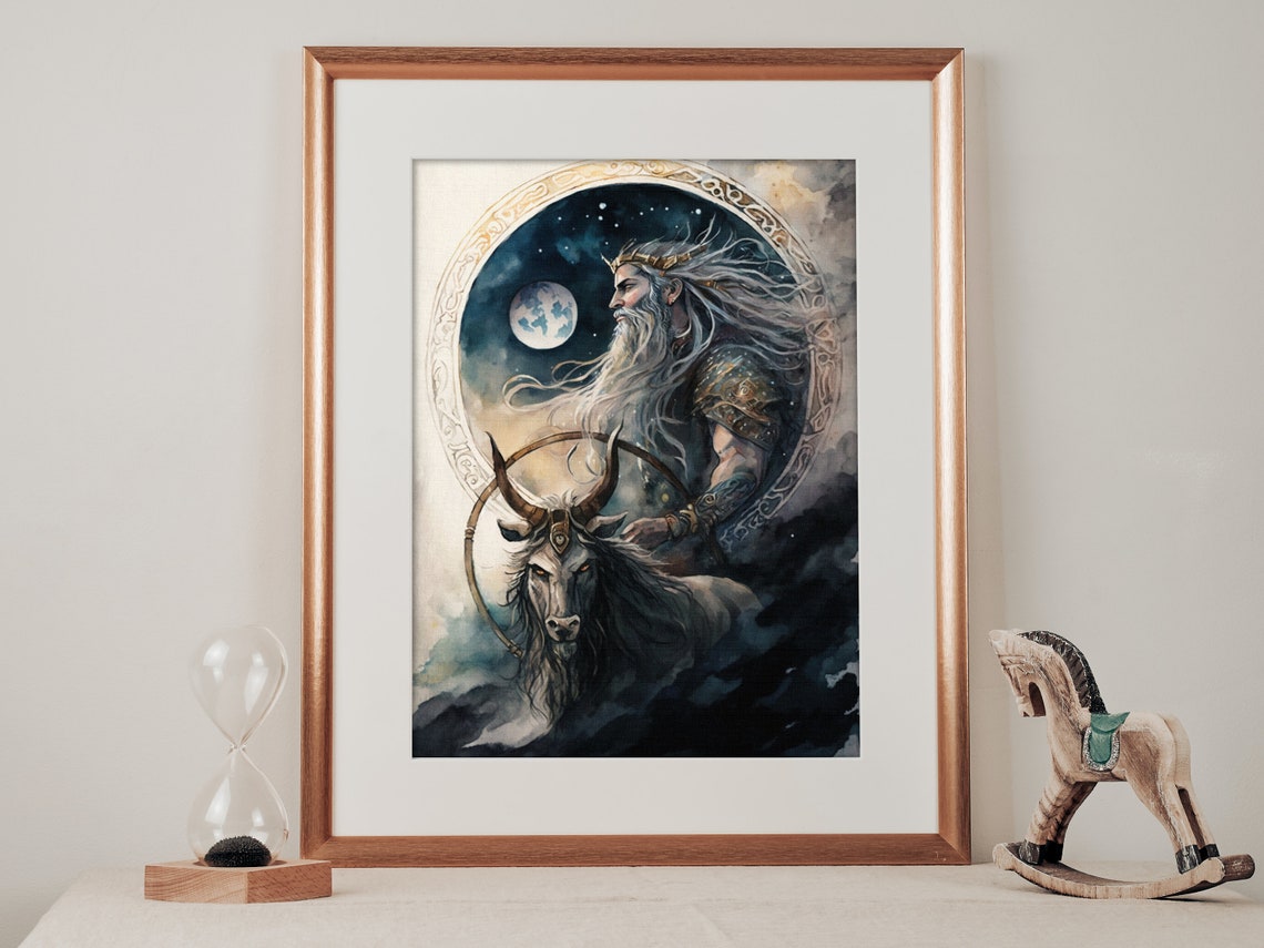 God Mani, Norse Mythology Art Print, God of the Moon, Watercolor Mani ...