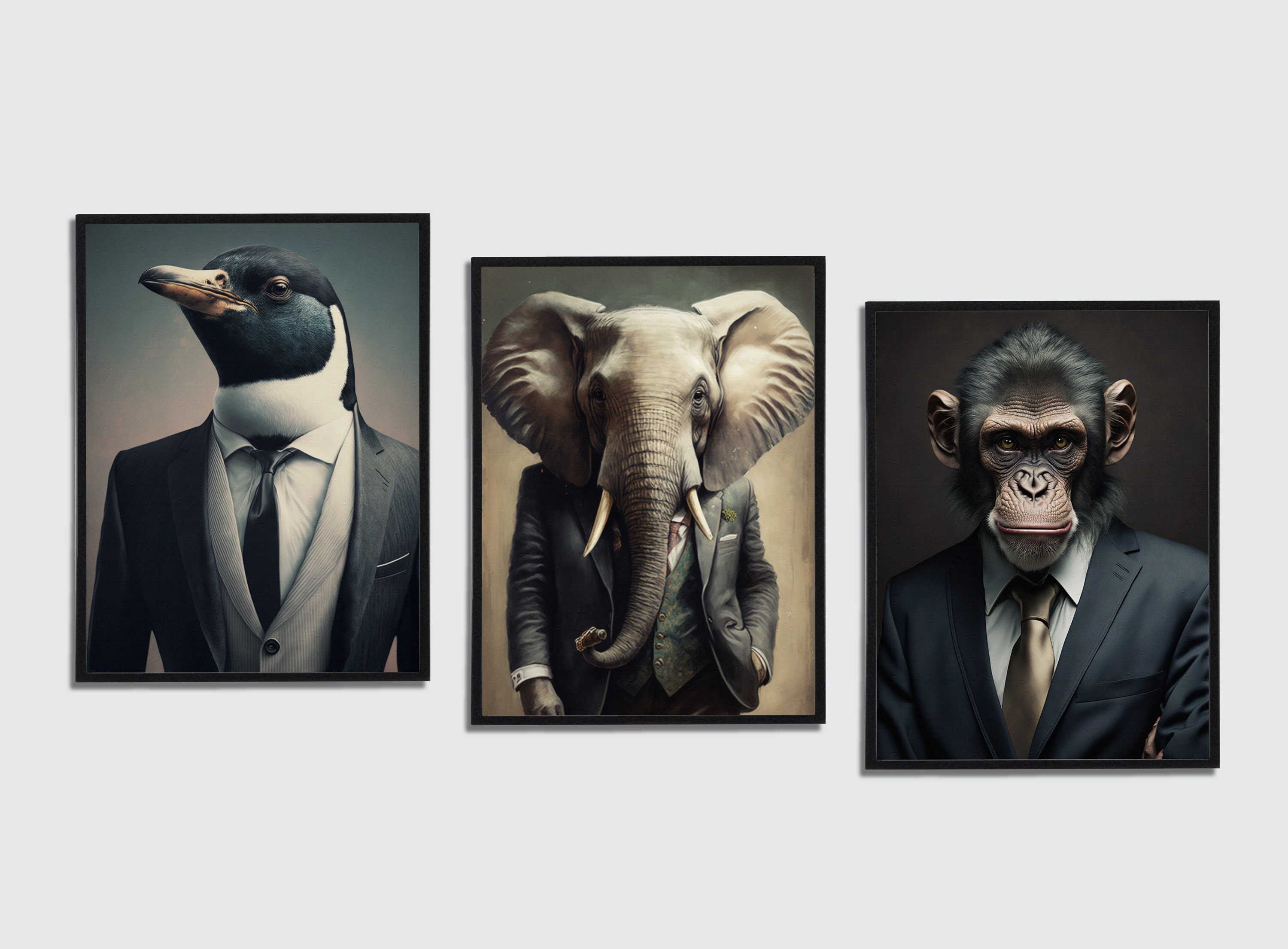 Set of 9 Animals in Suit Prints | Black & White Animal Printable Poster ...