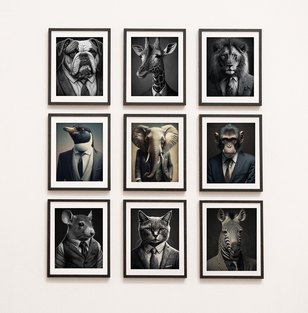 Set of 9 Animals in Suit Prints | Black & White Animal Printable Poster ...