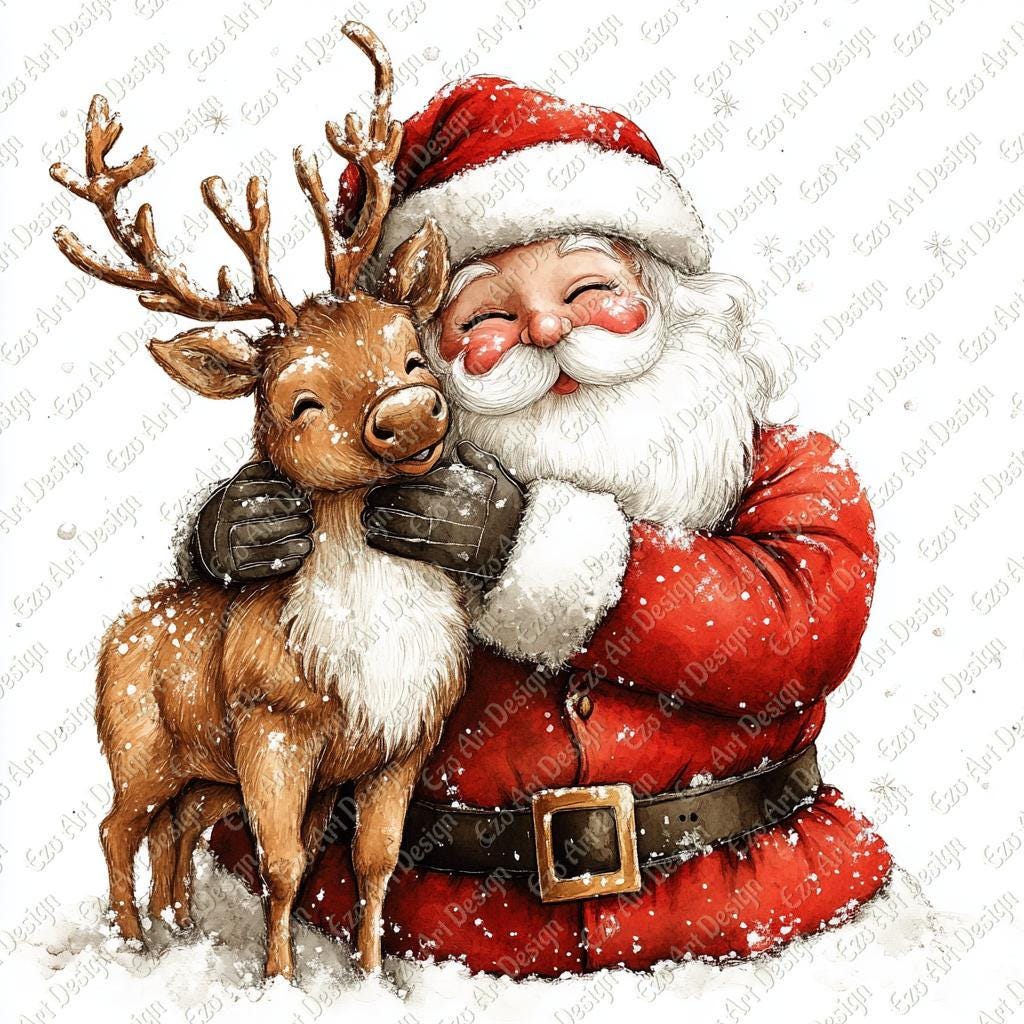 Santa Hugs Reindeer Clipart, Christmas Joyful Scene (digital Download ...